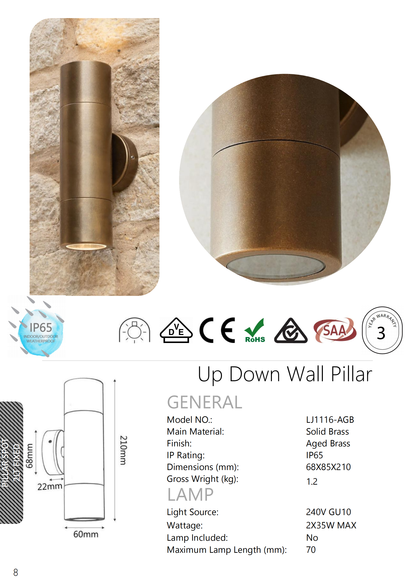 Aged Brass Up & Down Wall Pillar Lights
