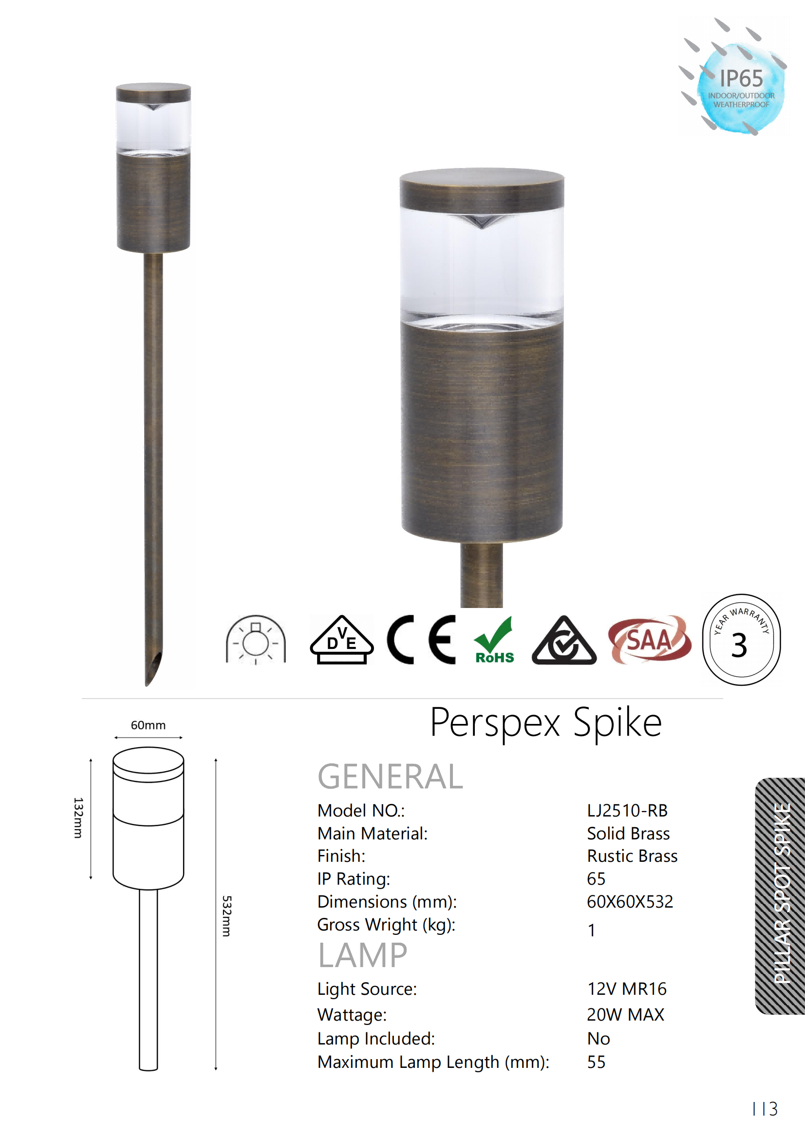 Perspex Lens Rustic Brass Garden Spike Light