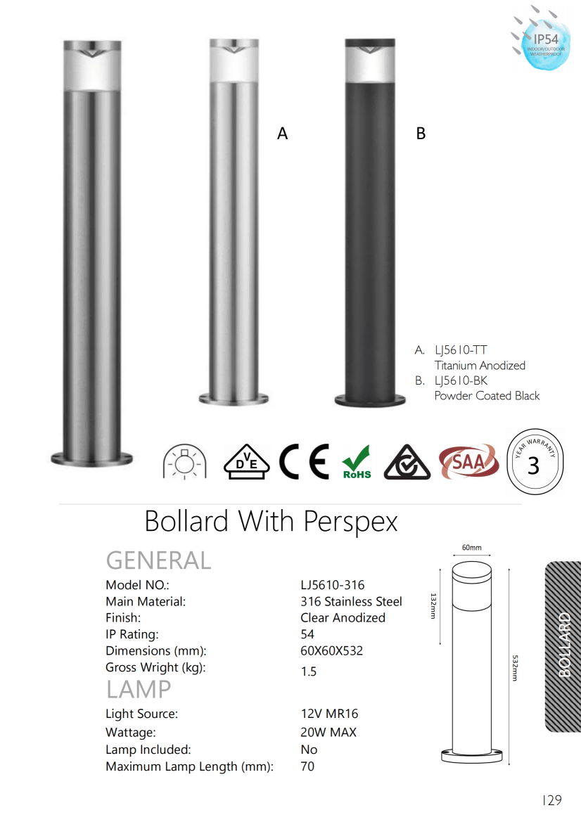 Perspex Lens 316 Stainless Steel Bollard Light