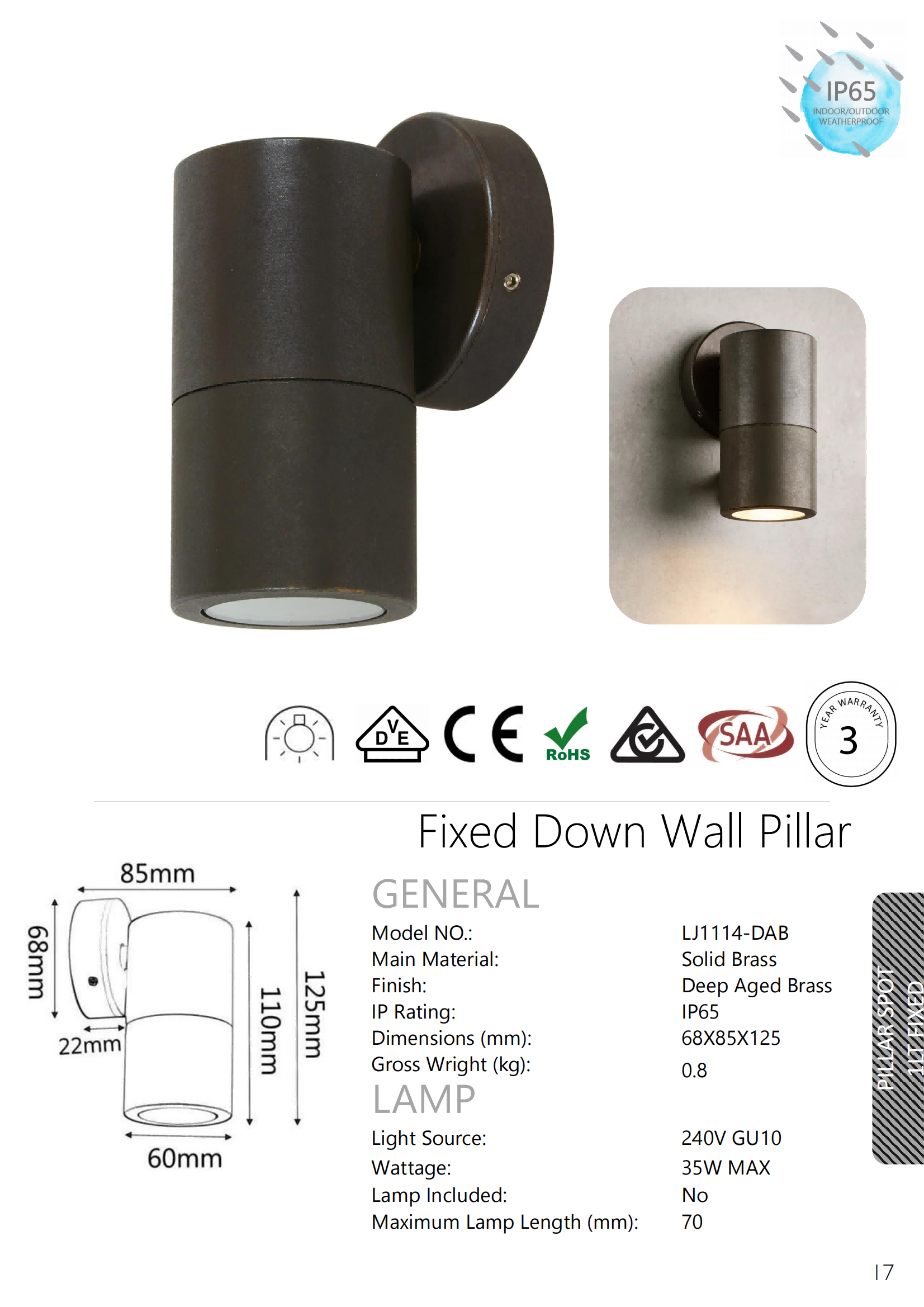 Deep Aged Brass Fixed Down Wall Pillar Lights